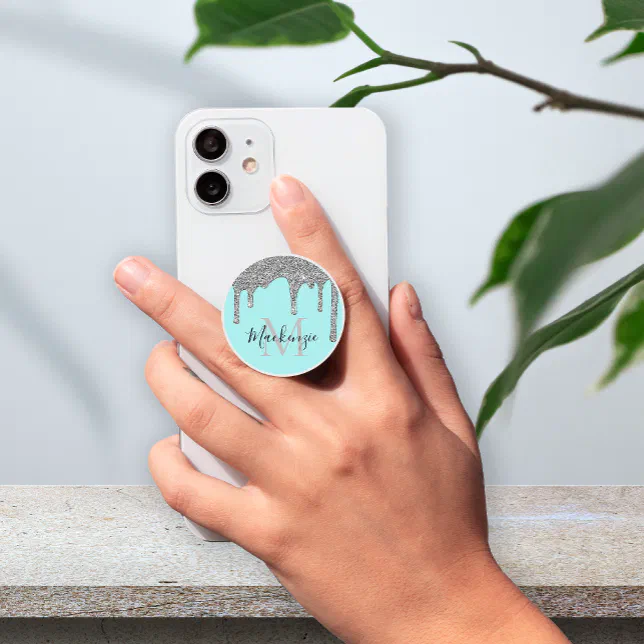 Teal and Silver Glitter Drips Sparkle Monogram PopSocket | Zazzle