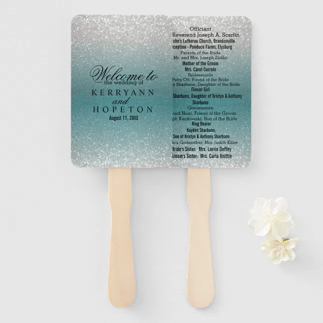 Teal and Silver Glitter - Program Hand Fan | Zazzle