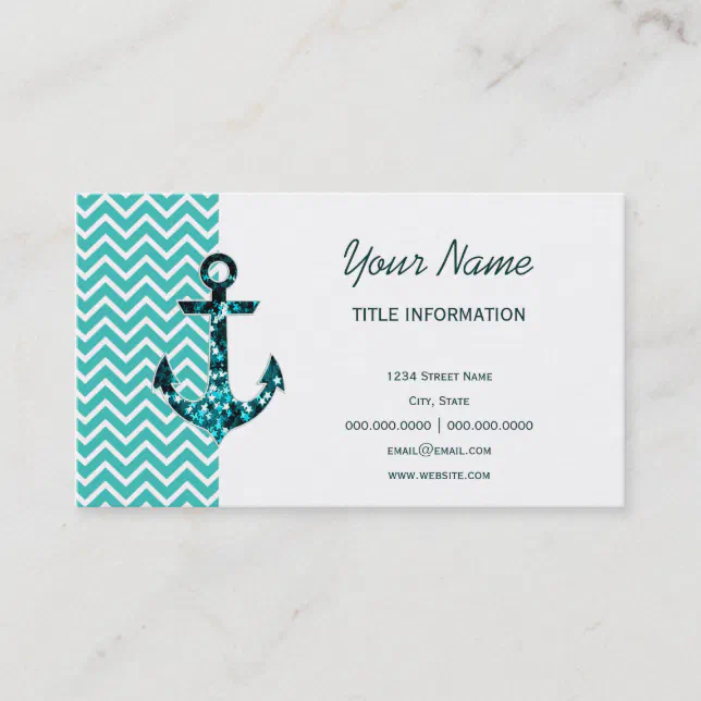Teal and Turquouise Chevron Nautical Anchor Business Card | Zazzle