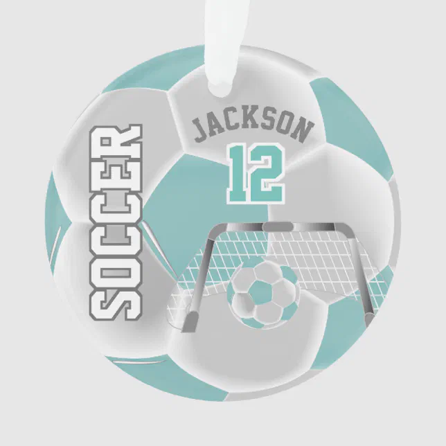 Teal and White Personalize ⚽ Soccer Ball Ornament | Zazzle