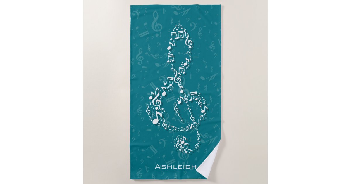 Teal and White Treble Clef Music Notes Beach Towel | Zazzle