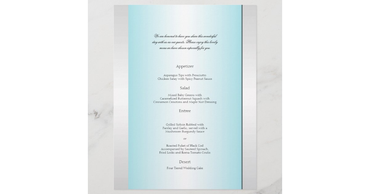 Teal and White Zebra Diamond Wedding Menu | Zazzle