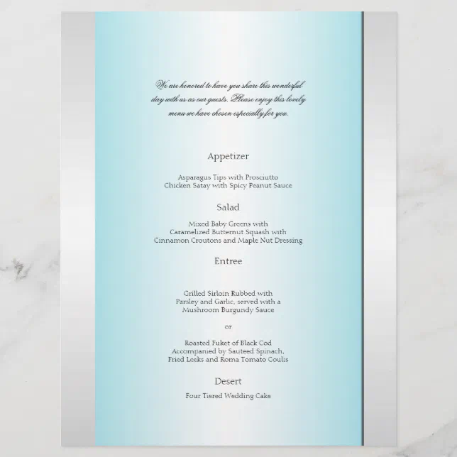 Teal and White Zebra Diamond Wedding Menu | Zazzle