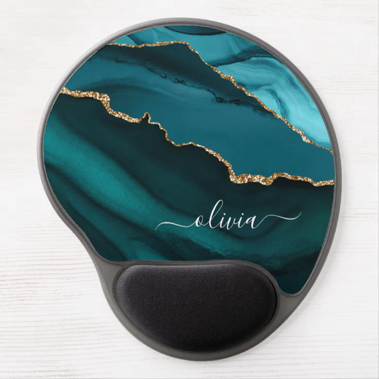 Teal Aqua Blue Agate Geode Gold Monogram Gel Mouse Pad | Zazzle