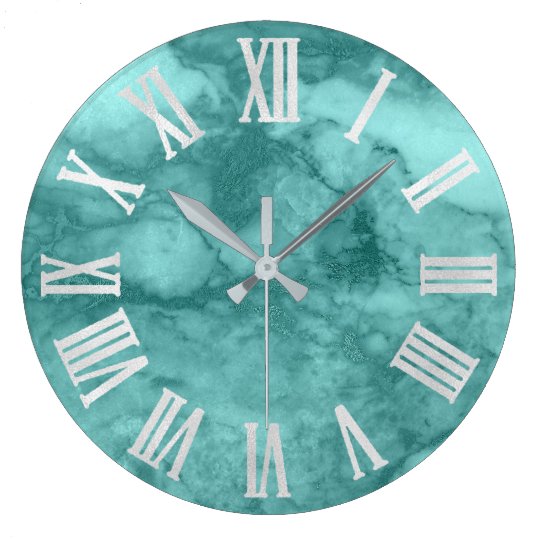 Teal Aqua Blue Gray Silver Roman Numbers Large Clock | Zazzle.com