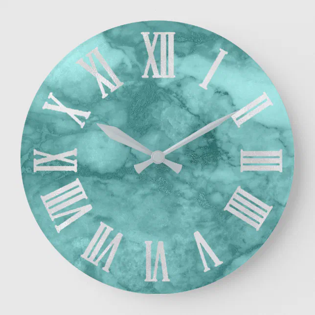 Teal Aqua Blue Gray Silver Roman Numbers Large Clock | Zazzle