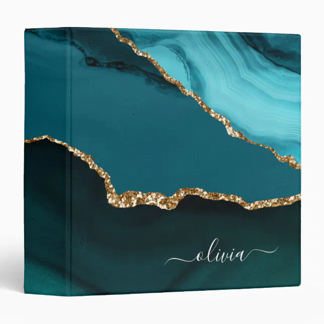 Teal Aqua Blue Green Agate Geode Gold Monogram 3 Ring Binder | Zazzle