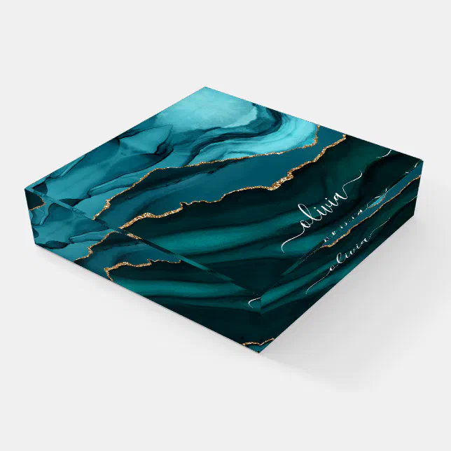 Teal Aqua Blue Green Agate Geode Gold Monogram Paperweight | Zazzle