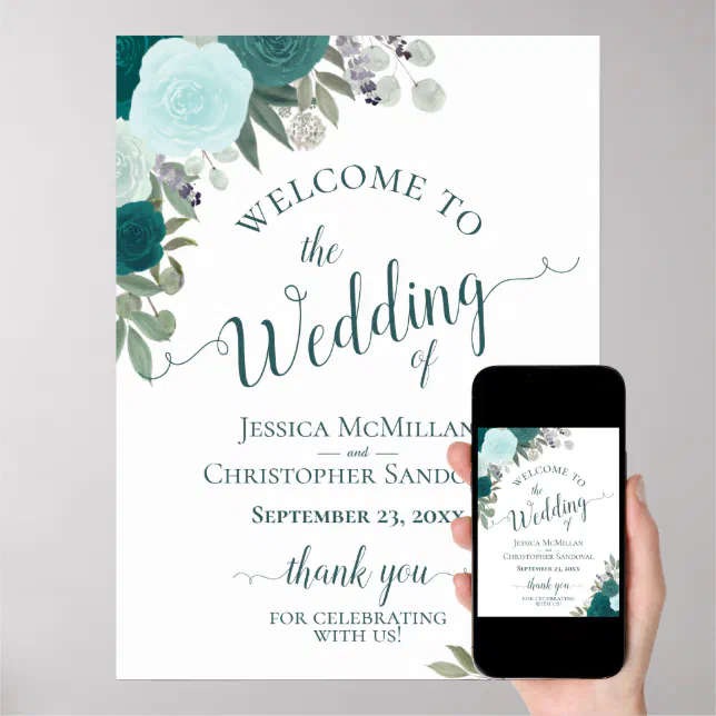 Teal & Aqua Boho Chic Roses Wedding Welcome Poster | Zazzle