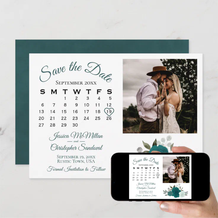 Teal & Aqua Boho Roses Wedding Calendar & Photo Save The Date | Zazzle