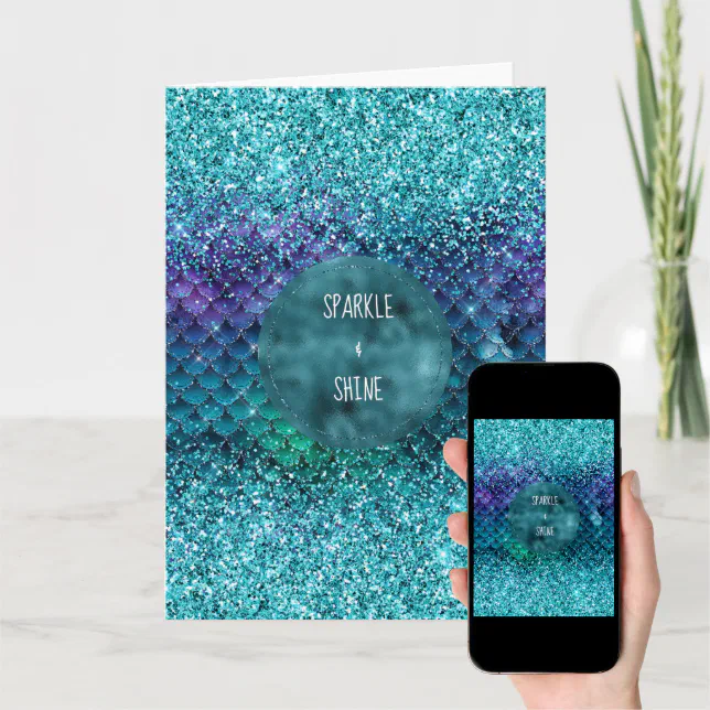 Teal Aqua Purple Mermaid Sparkle Glitter Card | Zazzle