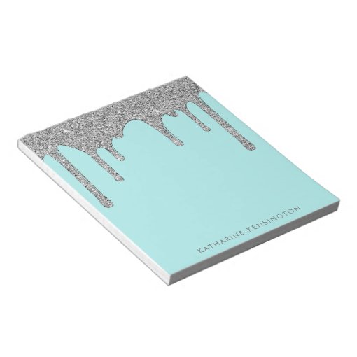 Teal Aqua Silver Sparkle Glitter Drips Luxury Notepad | Zazzle
