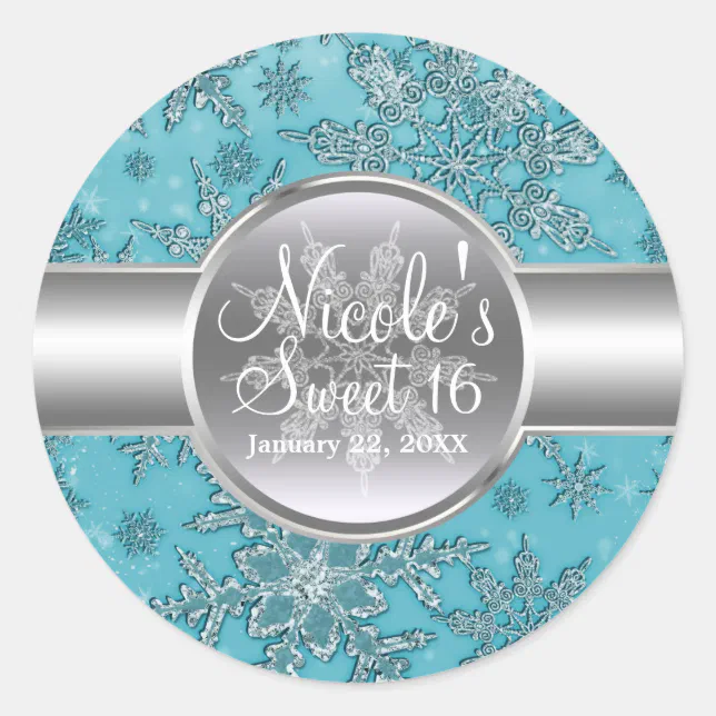 Teal Aqua Snowflakes Winter Wonderland Party Classic Round Sticker | Zazzle