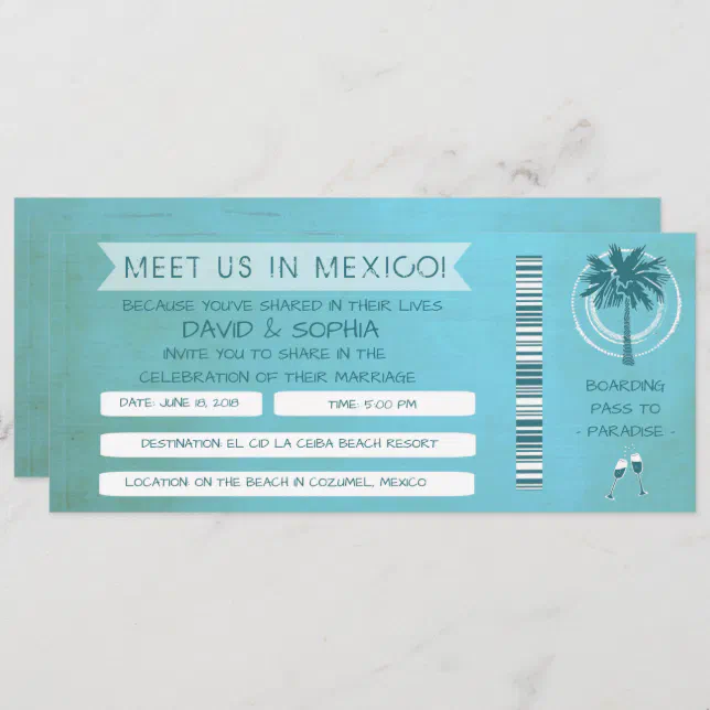 Teal Beach See You in Mexico Wedding Boarding Pass Invitation | Zazzle