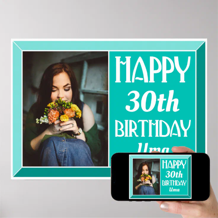 Teal Beveled Art Deco Birthday Photo Poster | Zazzle