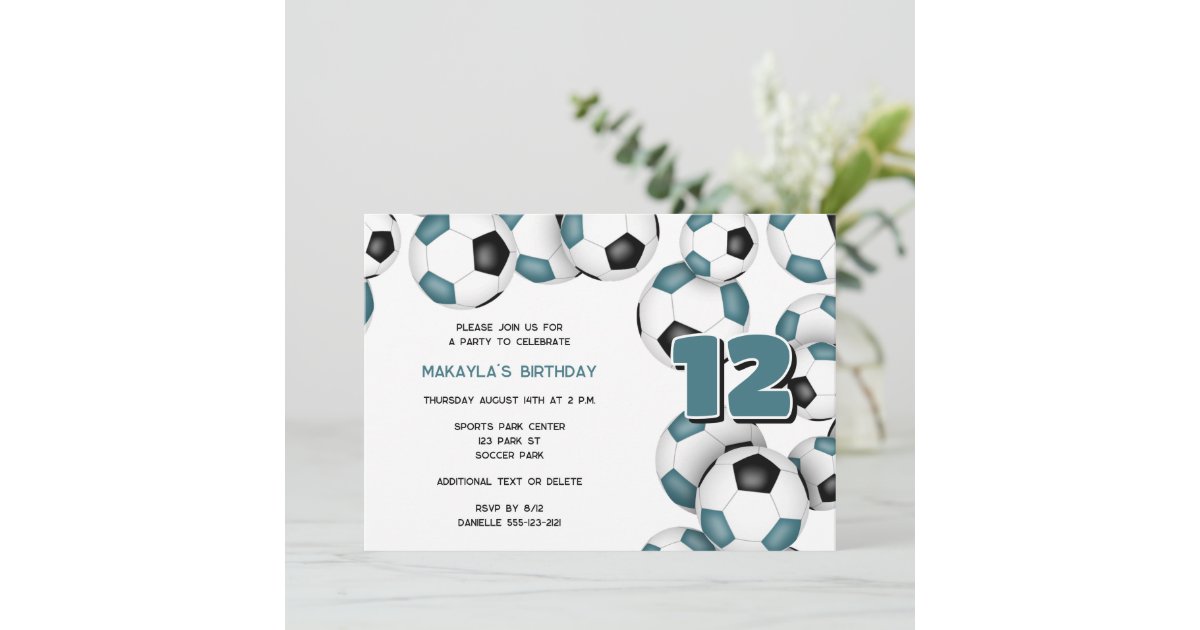 teal black soccer balls kids birthday party invitation | Zazzle