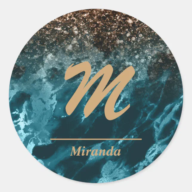 Teal Blue Agate glitter Monogram personalized Classic Round Sticker ...