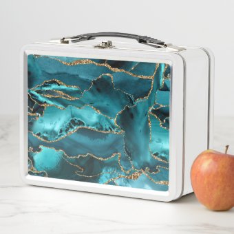 Teal Blue and Gold Glitter Agate Metal Lunch Box | Zazzle