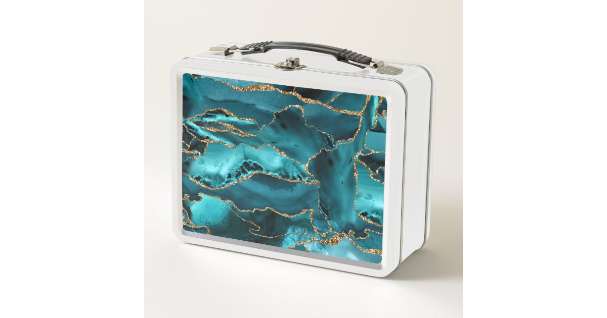 Teal Blue and Gold Glitter Agate Metal Lunch Box | Zazzle