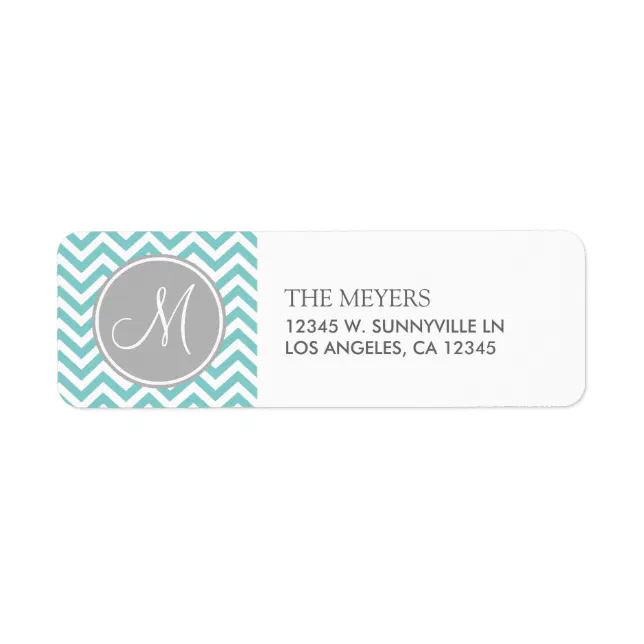 Teal Blue and Gray Modern Chevron with Monogram Label | Zazzle