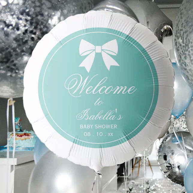 Teal Blue And White Ribbon Bow Baby Shower Welcome Balloon | Zazzle