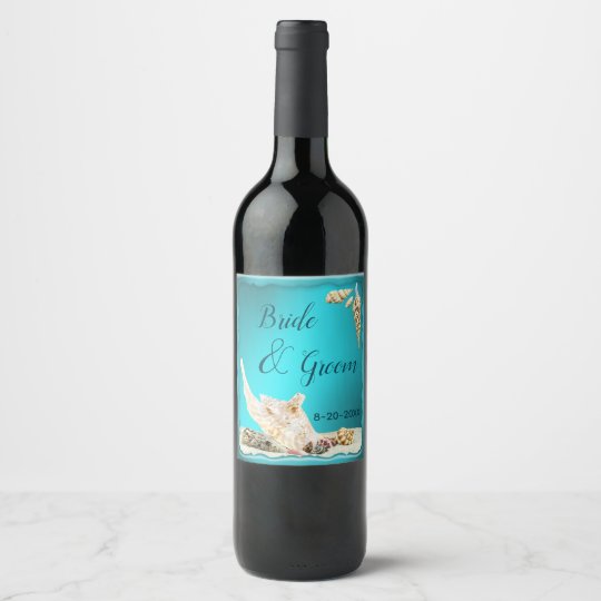Teal Blue Aqua Turquoise Seashell Beach Wedding Wine Label | Zazzle.com