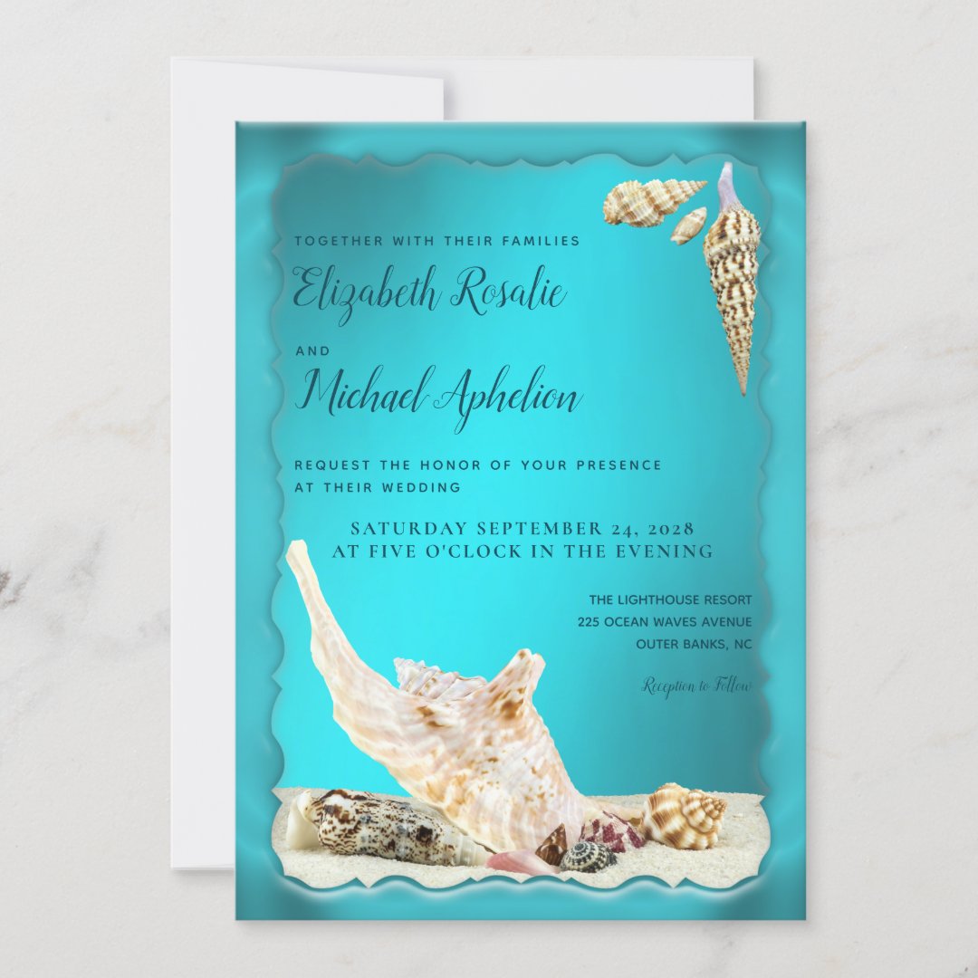 Teal Blue Aqua Turquoise Seashell Wedding Invitation | Zazzle