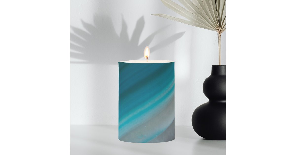 Teal Blue Banded Agate Pattern Pillar Candle | Zazzle