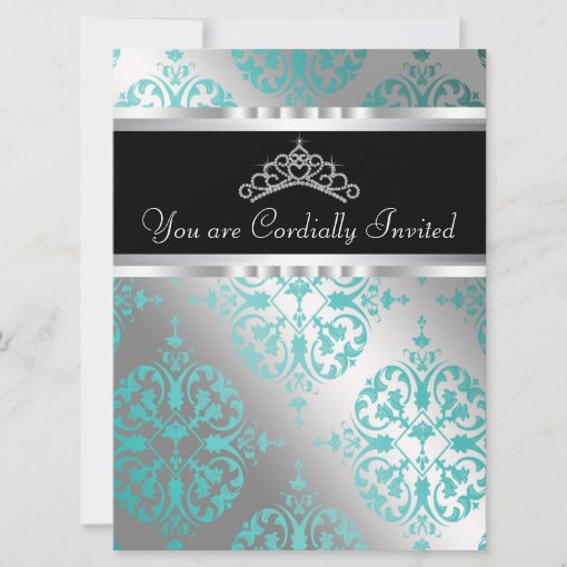 Teal Blue Black Damask Tiara Teal Quinceanera Invitation | Zazzle