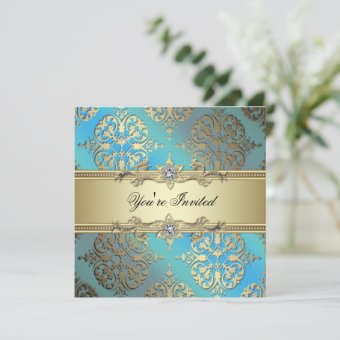 Teal Blue Black Gold Damask Party Invitation | Zazzle