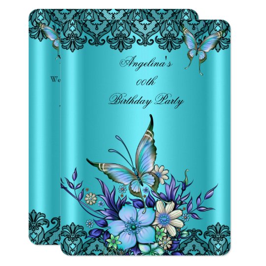 Teal Blue Butterfly Floral Black Lace Birthday Invitation | Zazzle.com