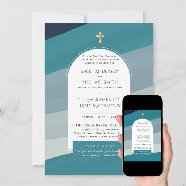 Teal Blue Catholic Nuptial Mass Photo Wedding Invitation | Zazzle
