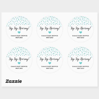 Teal Blue Confetti Heart Sip Sip Hooray Classic Round Sticker | Zazzle