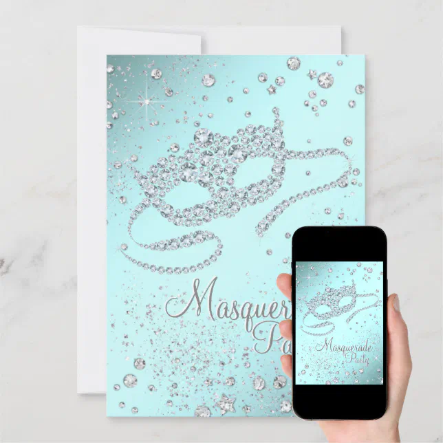 Teal Blue Diamond Mask Masquerade Party Invitation | Zazzle