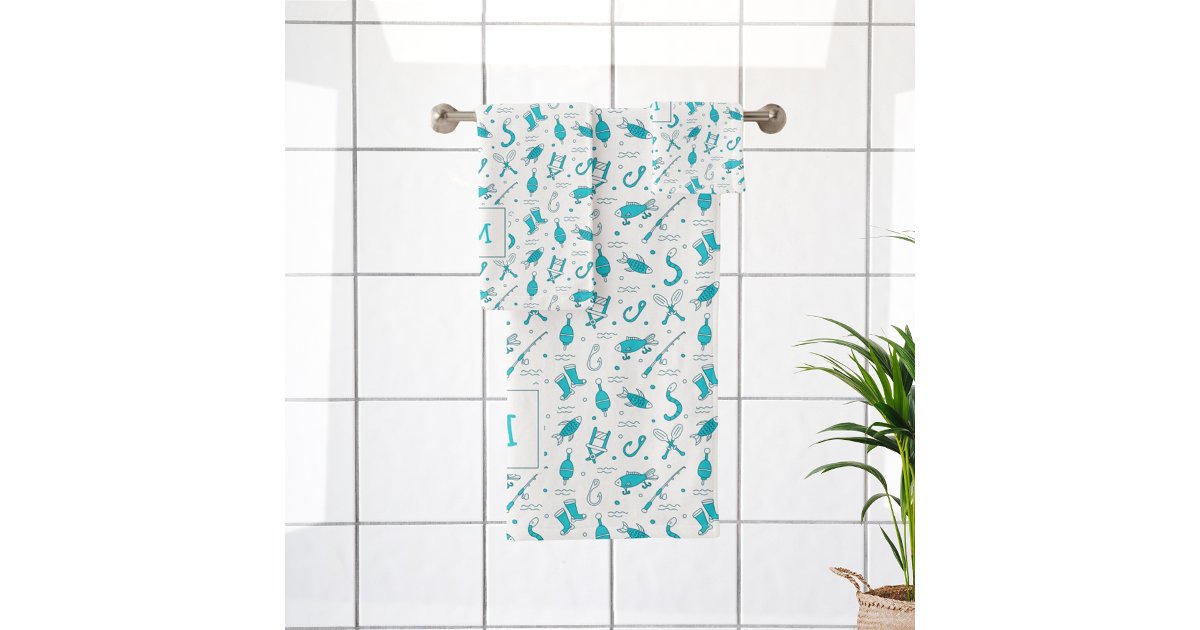 Teal Blue Fishing Seamless Pattern Monogrammed Bat Bath Towel Set | Zazzle