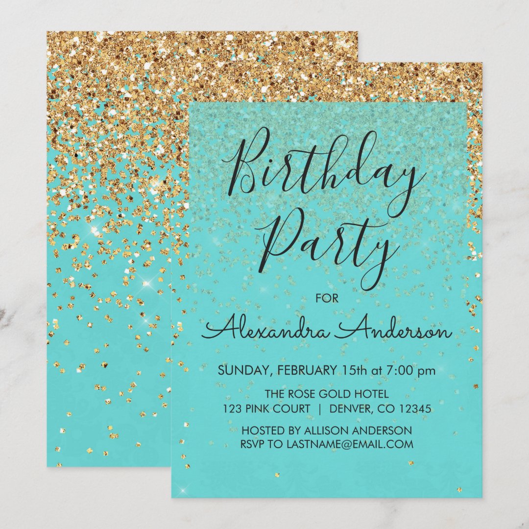 Teal Blue Girly Glitter Sparkle Any Age Birthday Invitation | Zazzle
