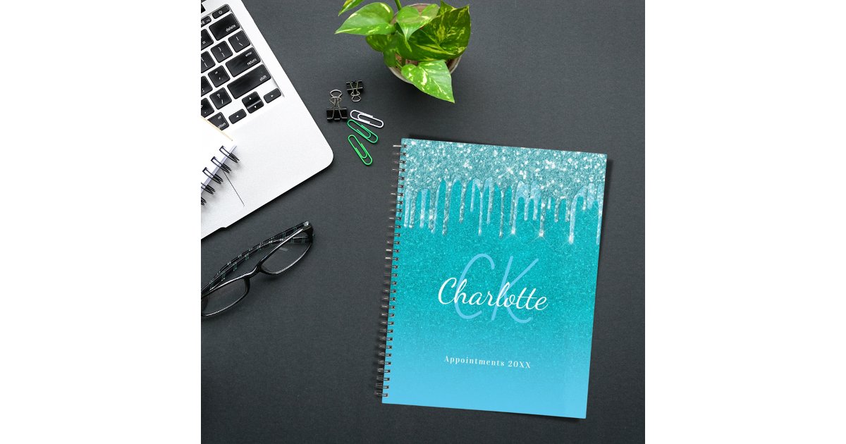 Teal blue glitter aqua green name planner | Zazzle