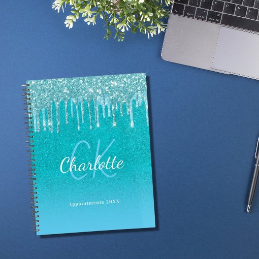 Teal blue glitter aqua green name planner | Zazzle