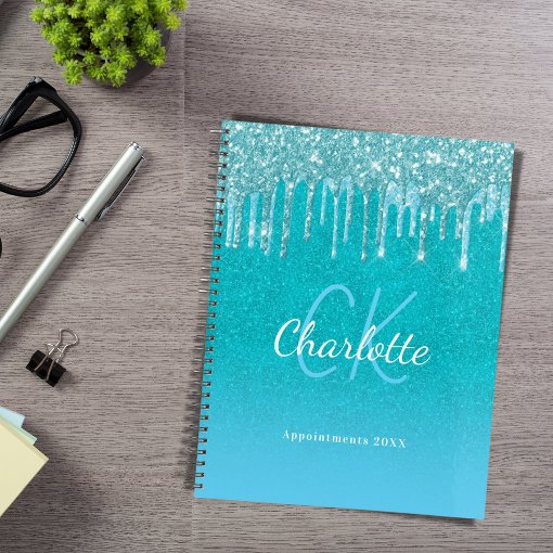 Teal blue glitter aqua green name planner | Zazzle