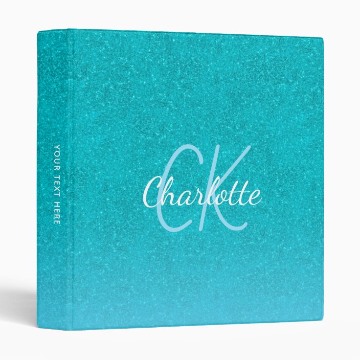 Teal blue glitter aqua sea green monogram school 3 ring binder | Zazzle