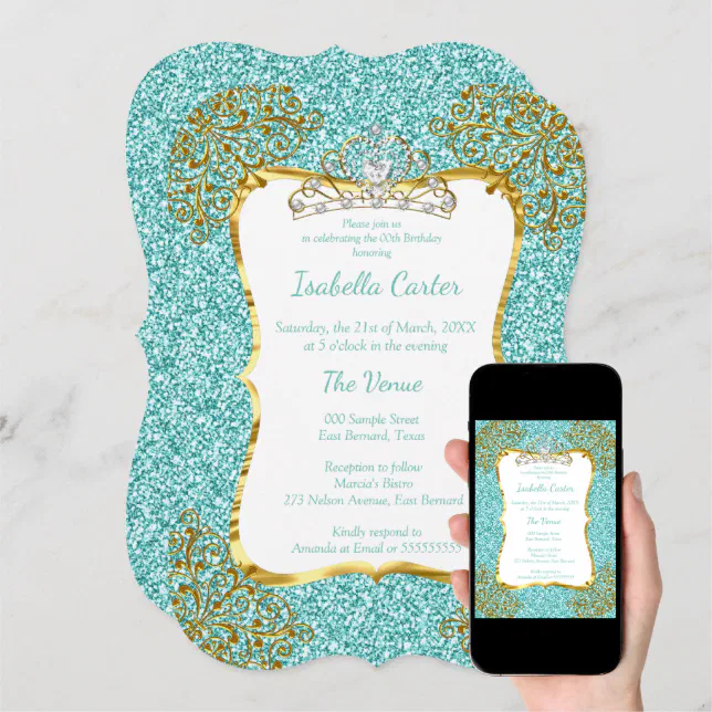 Teal Blue Glitter Birthday Party Gold White Tiara Invitation | Zazzle