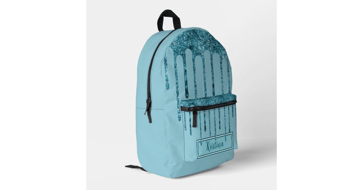 Teal Blue Glitter Drips on Sky Blue Printed Backpack | Zazzle