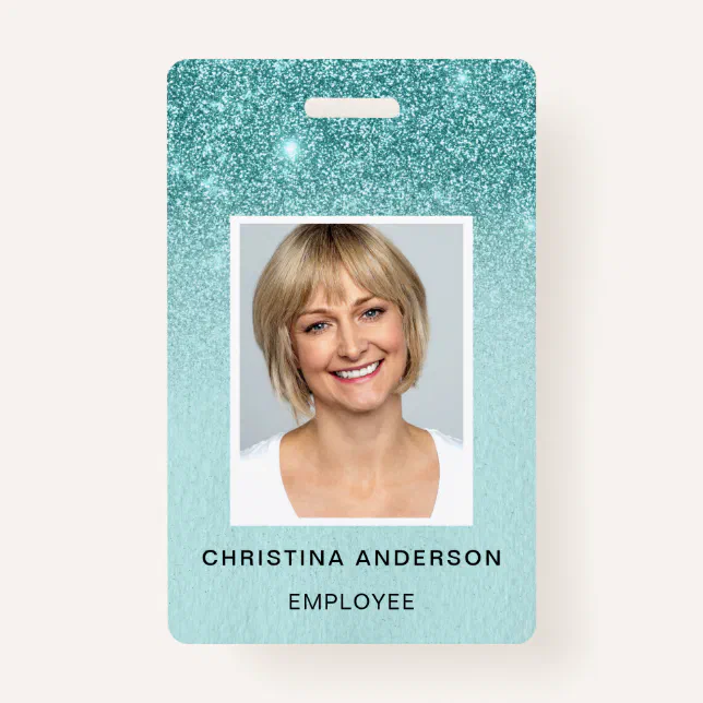 Teal Blue Glitter Employee Name Photo Corporate Badge | Zazzle