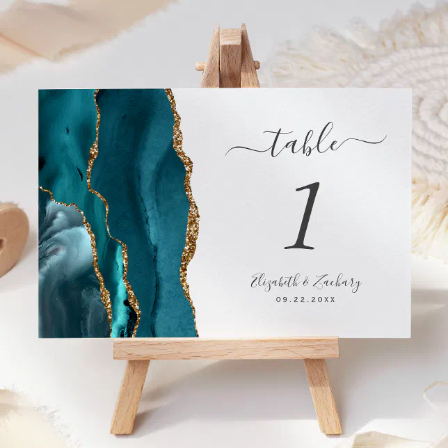 Teal Blue Gold Agate Wedding Table Number | Zazzle