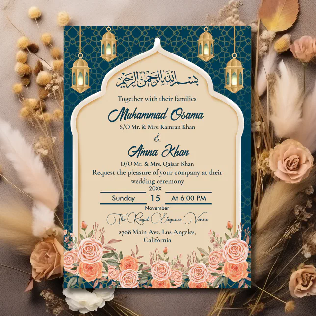 Teal Blue Gold Floral Islamic Muslim Wedding Invitation | Zazzle