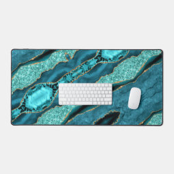 Teal Blue Gold Glitter Marble Turquoise Desk Mat | Zazzle