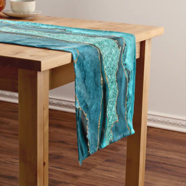 Teal Blue Gold Glitter Turquoise Table Runner | Zazzle
