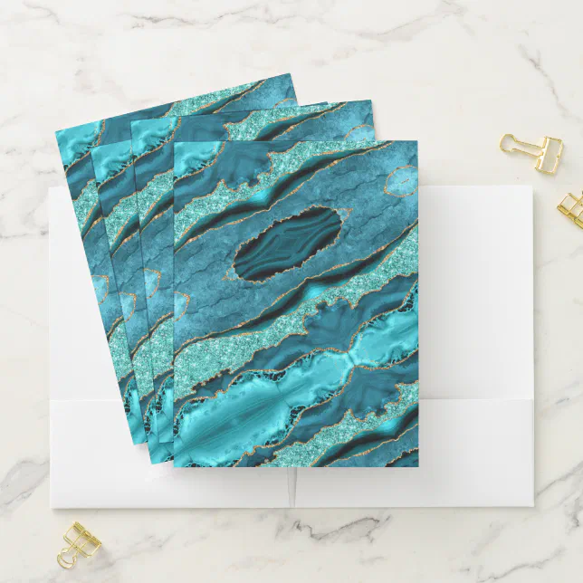 Teal Blue Gold Marble Aqua Turquoise Pocket Folder | Zazzle