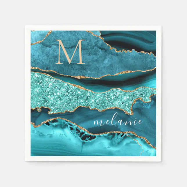 Teal Blue Gold Marble Custom Letter Name Napkins | Zazzle
