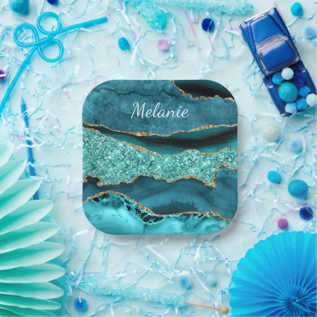 Teal Blue Gold Marble Custom Name Paper Plates | Zazzle